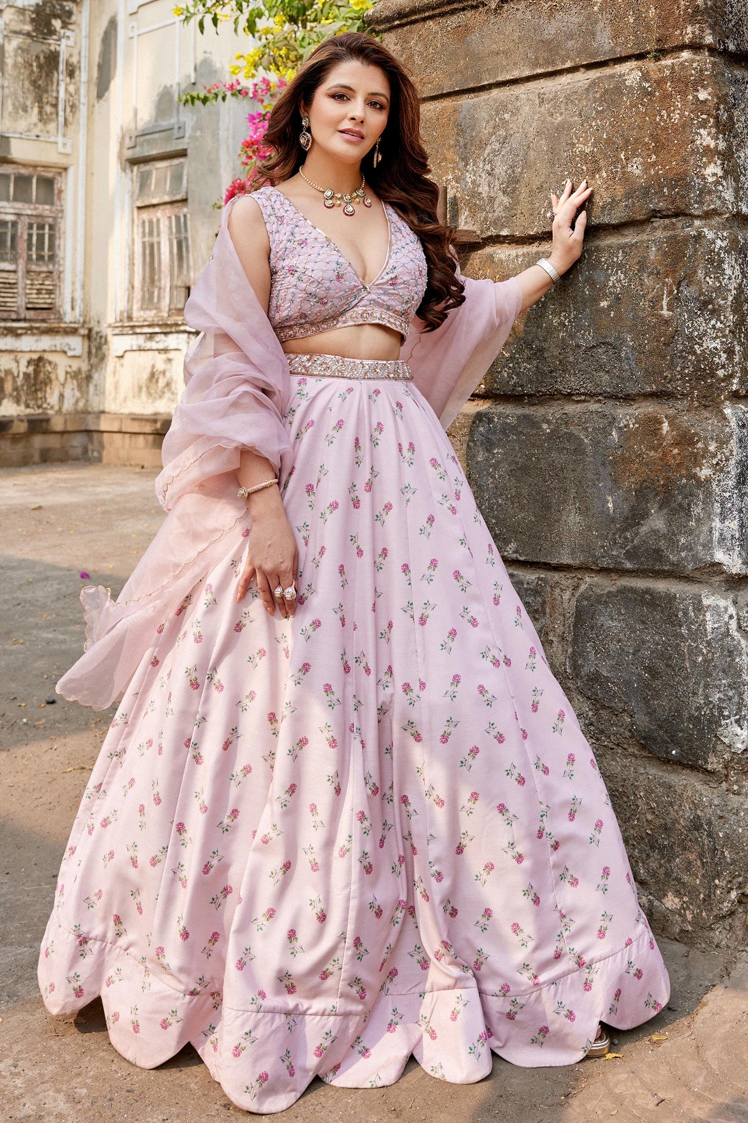Buy Pasha India Pink Linen Floral Print Lehenga Set Online | Aza Fashions