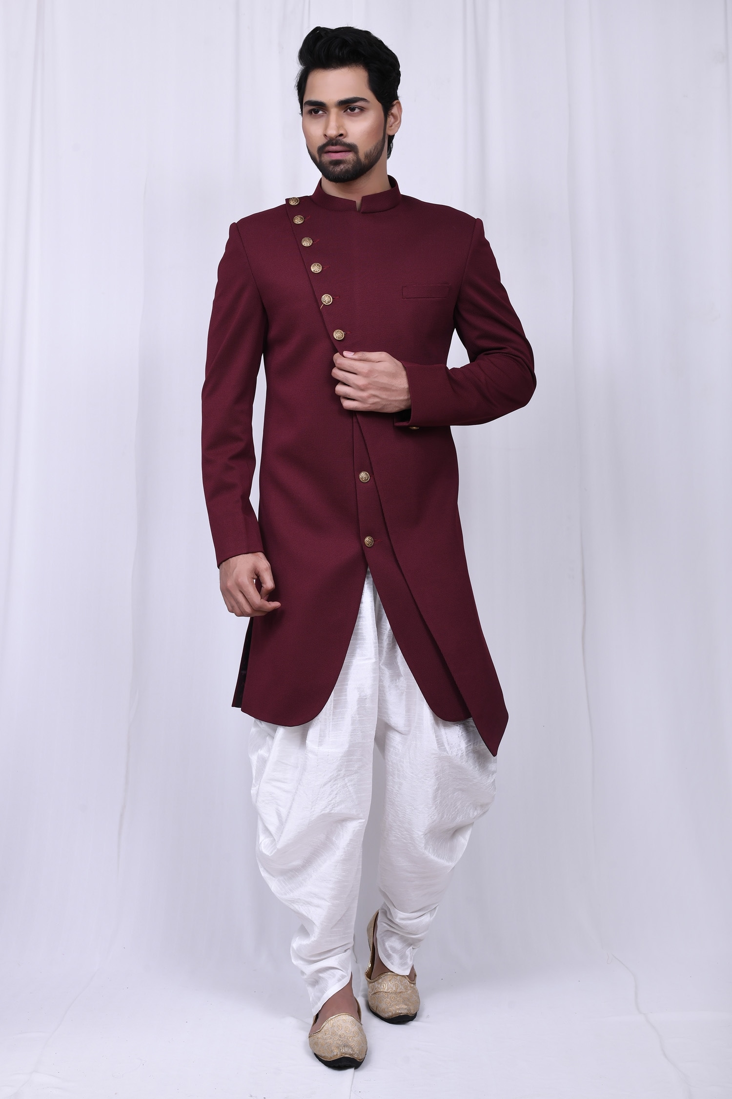 Buy Aryavir Malhotra Maroon Overlap Sherwani And Cowl Pant Online | Aza ...