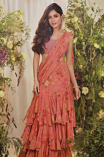 Buy Paulmi and Harsh Orange Georgette Jungle Print Pre-draped Saree ...