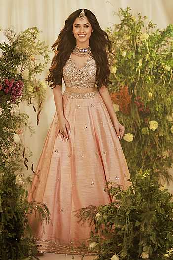 Buy Ariyana Couture Peach Mirror Embroidered Lehenga Set Online | Aza ...