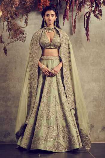 Buy JAYANTI REDDY Green Silk Embroidered Lehenga Set Online | Aza Fashions