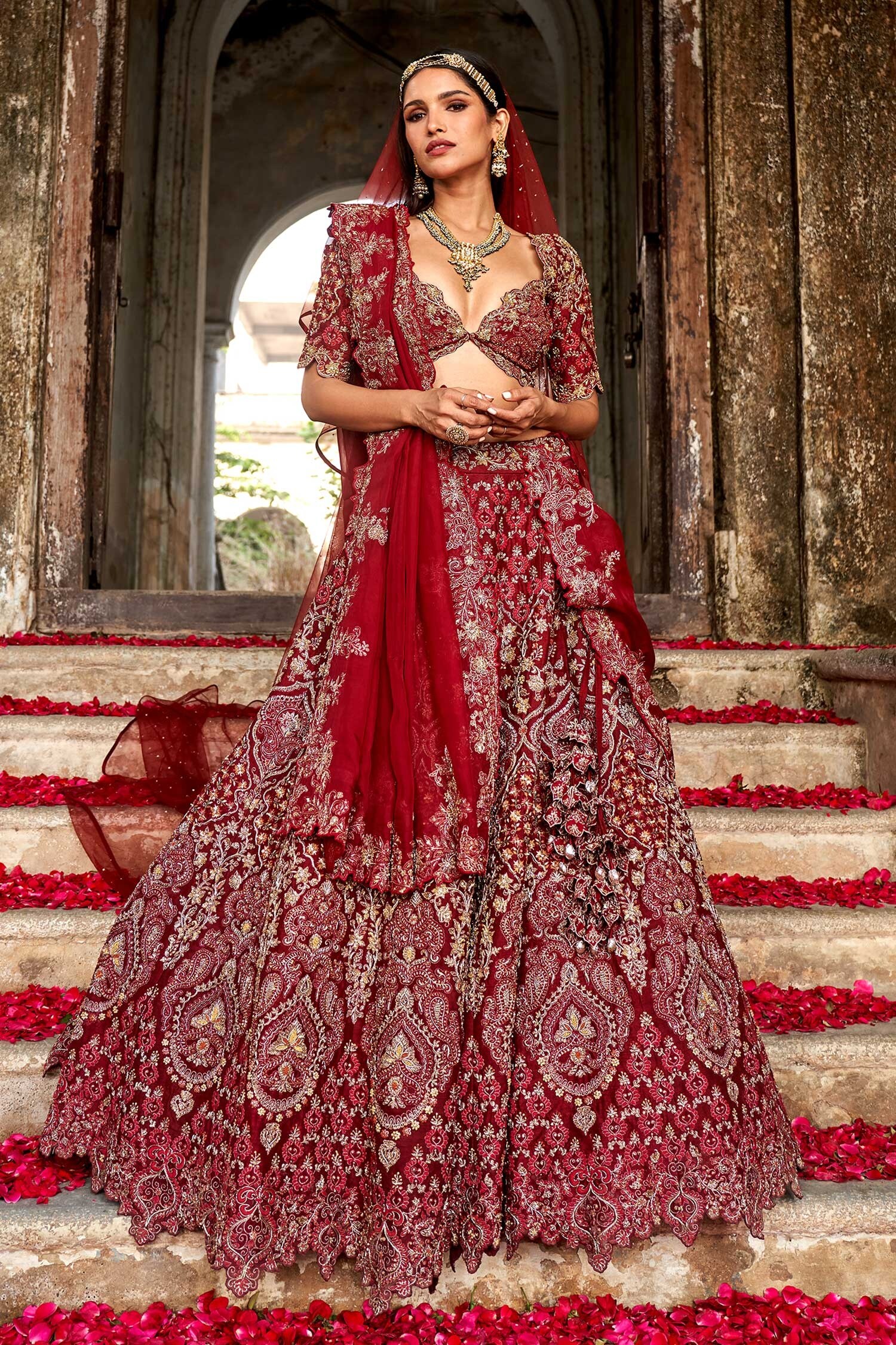 Buy JAYANTI REDDY Maroon Raw Silk Rose Dori Embroidered Lehenga Set ...