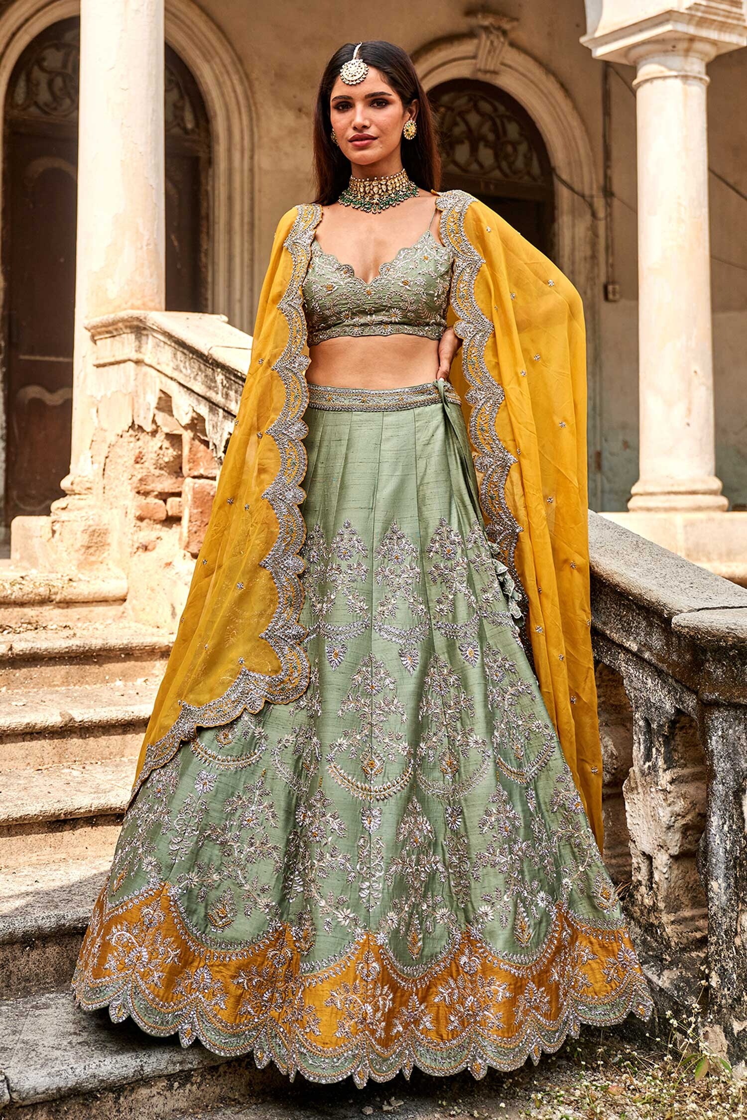 Buy JAYANTI REDDY Green Raw Silk Zardozi Embroidered Lehenga Set Online ...