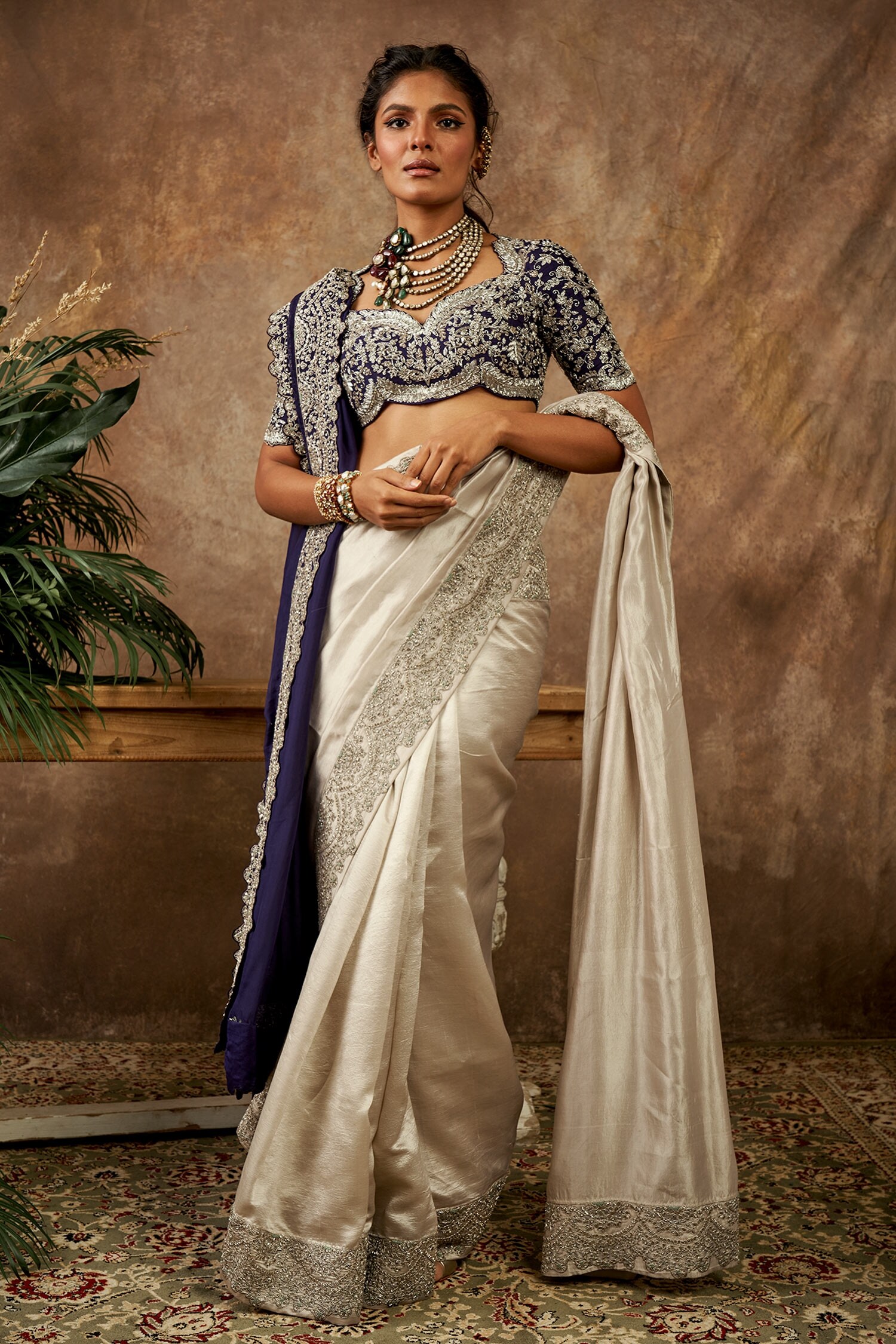 Buy JAYANTI REDDY Beige Silk Zardozi Saree With Blouse And Dupatta ...