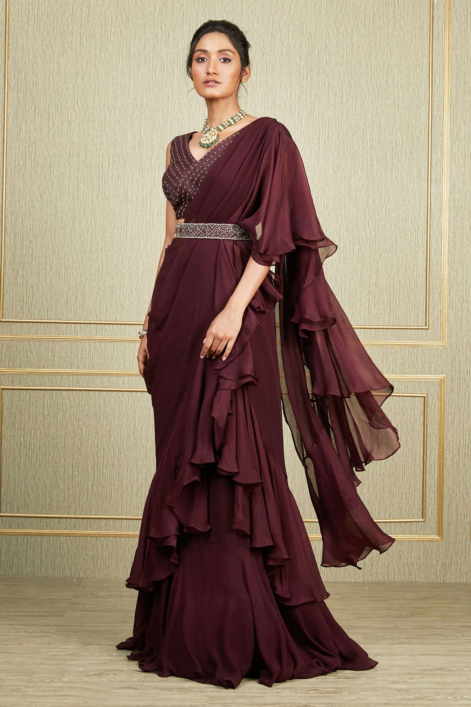 Buy Charu and Vasundhara Maroon Tussar Chiffon Ruffle Saree Set Online ...