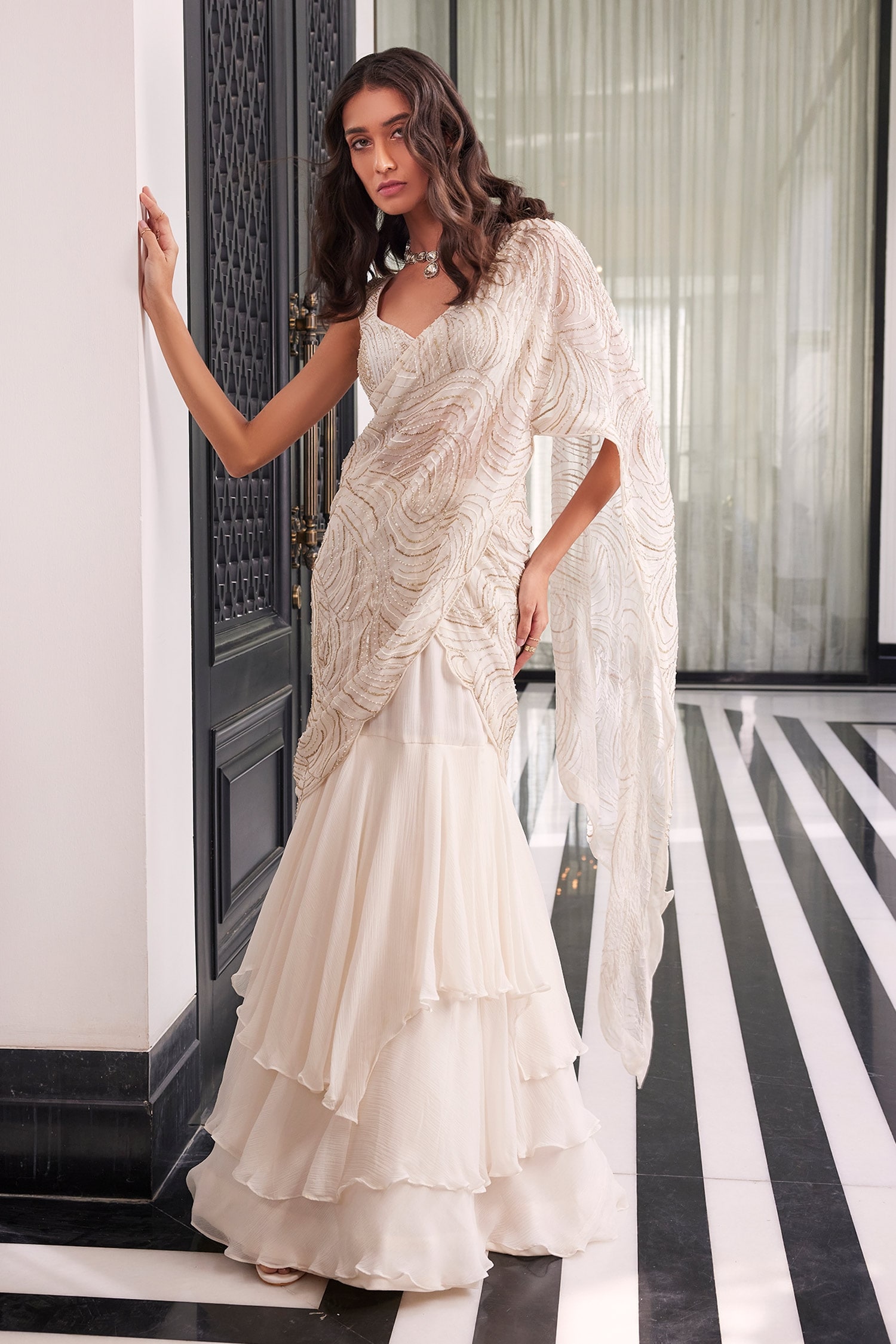 Buy Charu and Vasundhara Ivory Elea Lehenga Saree With Blouse Online ...