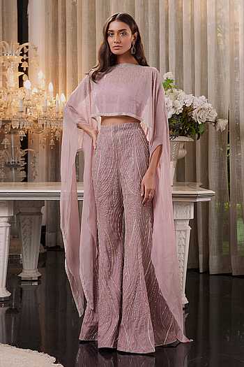 Buy Charu and Vasundhara Purple Blouse Ena Embellished Poncho And Pant ...