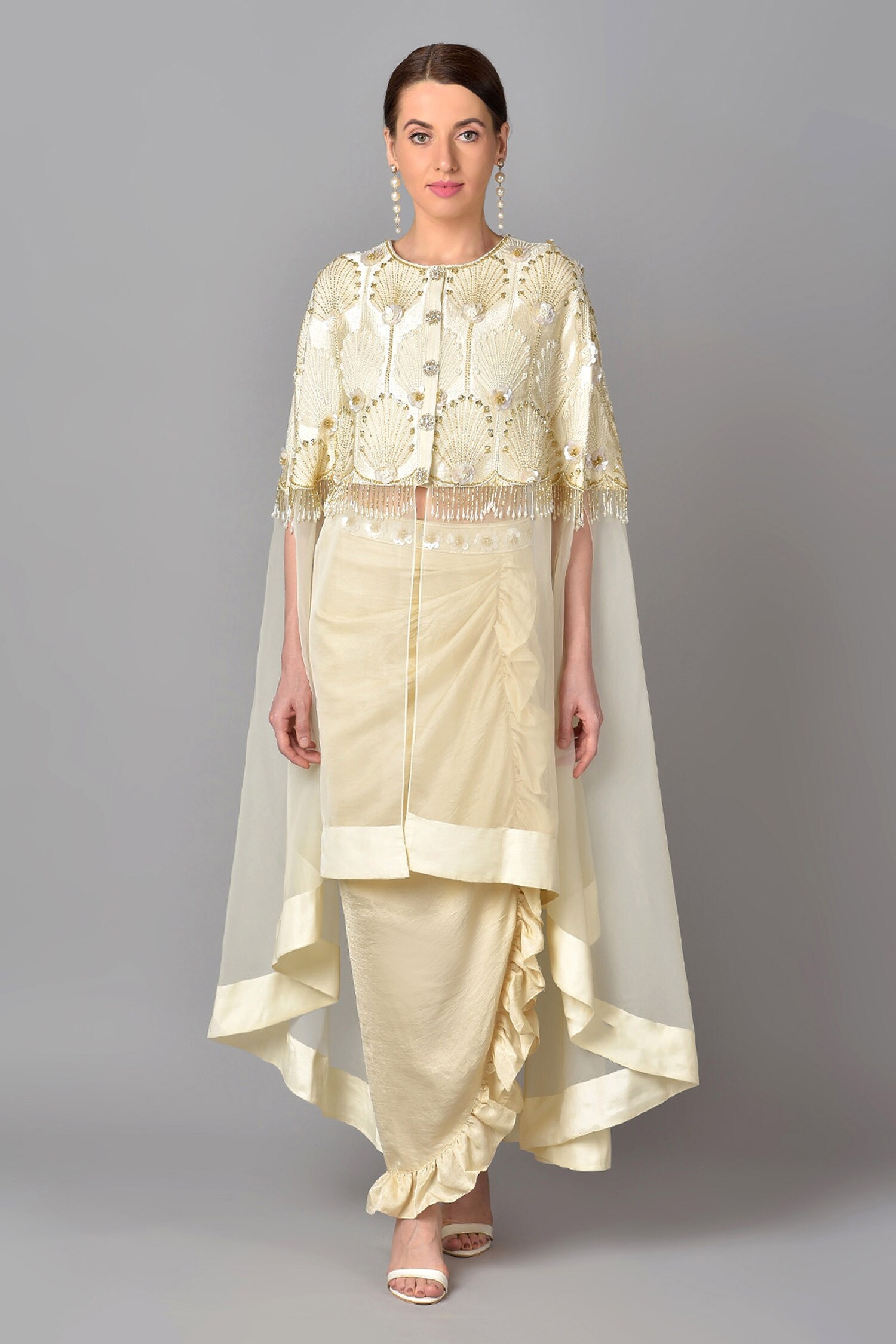 Buy Keith Gomes White Organza Embroidered Cape And Silk Skirt Set ...