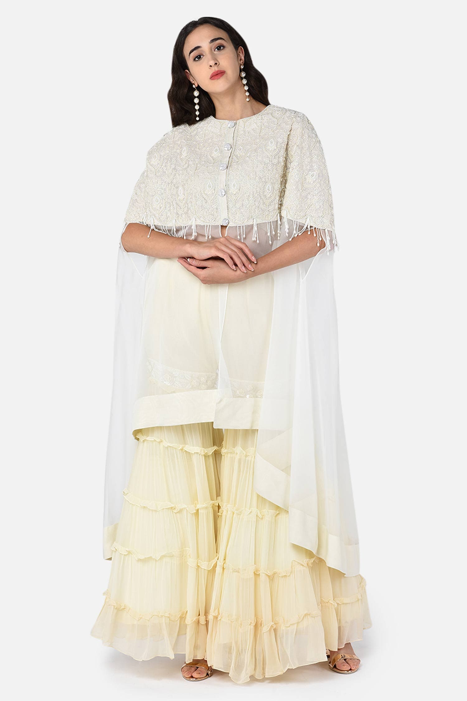 Buy Keith Gomes White Chanderi Silk Embroidered Cape And Palazzo Set ...