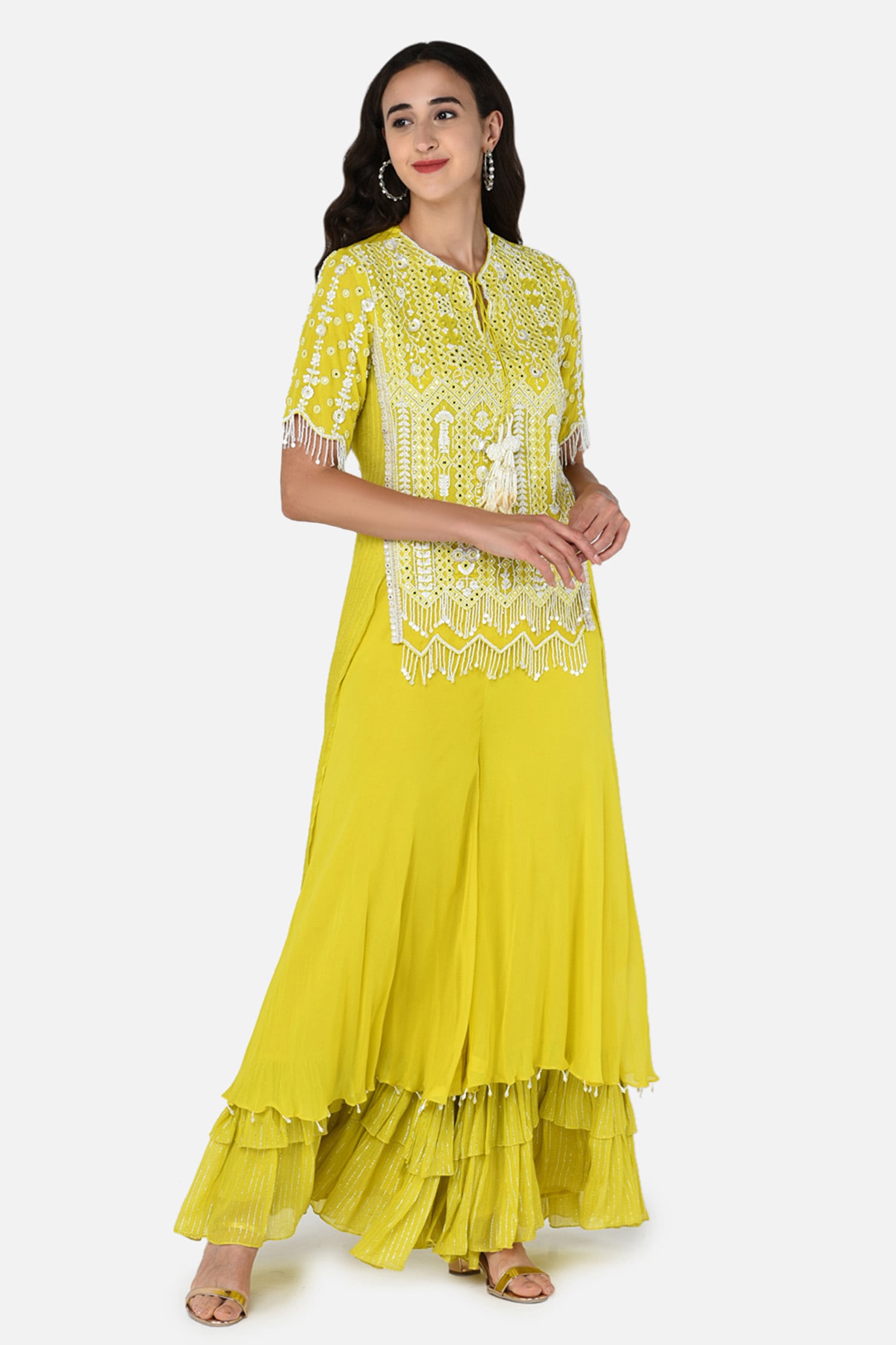 Buy Keith Gomes Yellow Georgette Embroidered Tunic And Palazzo Set ...