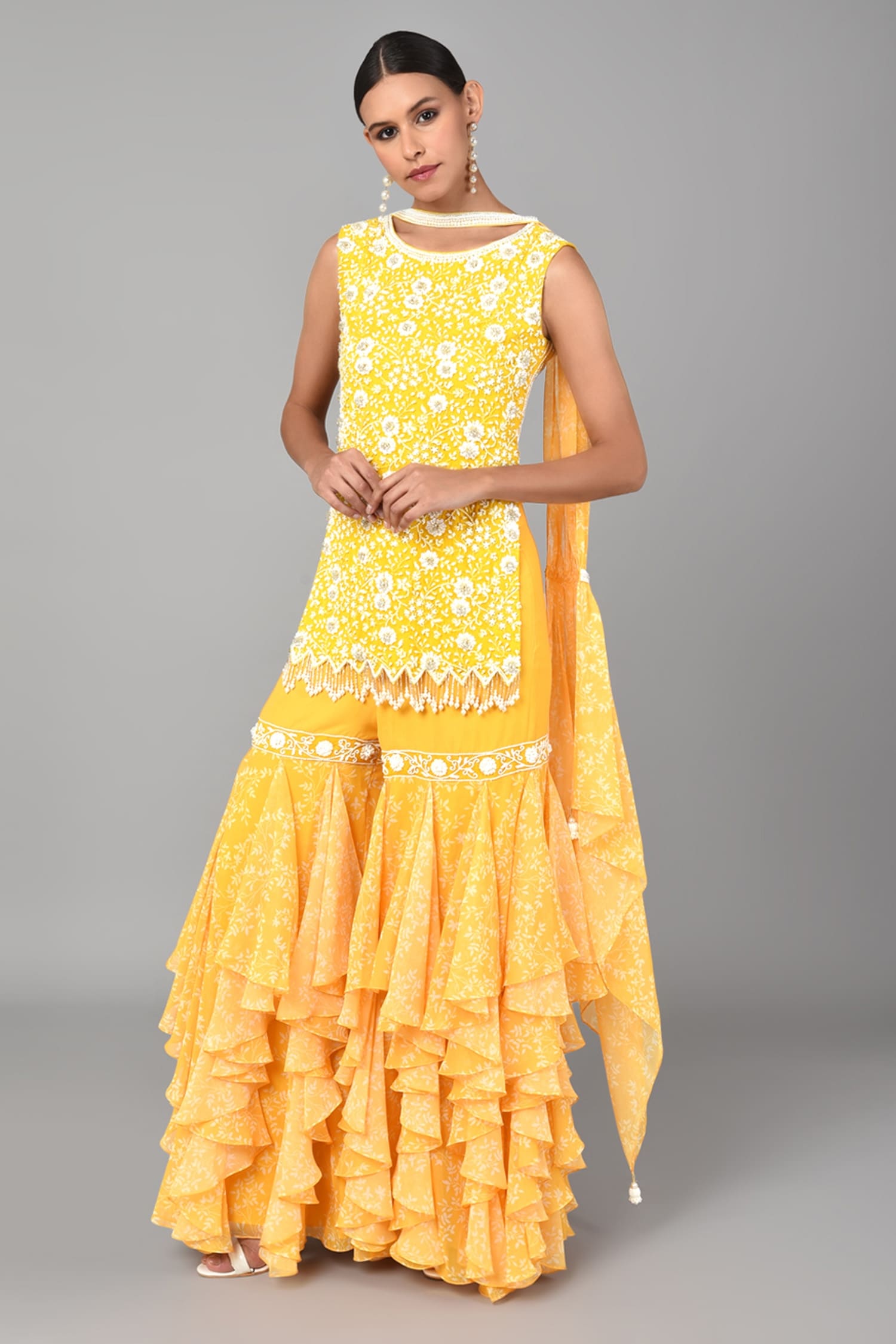 Buy Keith Gomes Yellow Georgette Embroidered Kurta Sharara Set Online ...