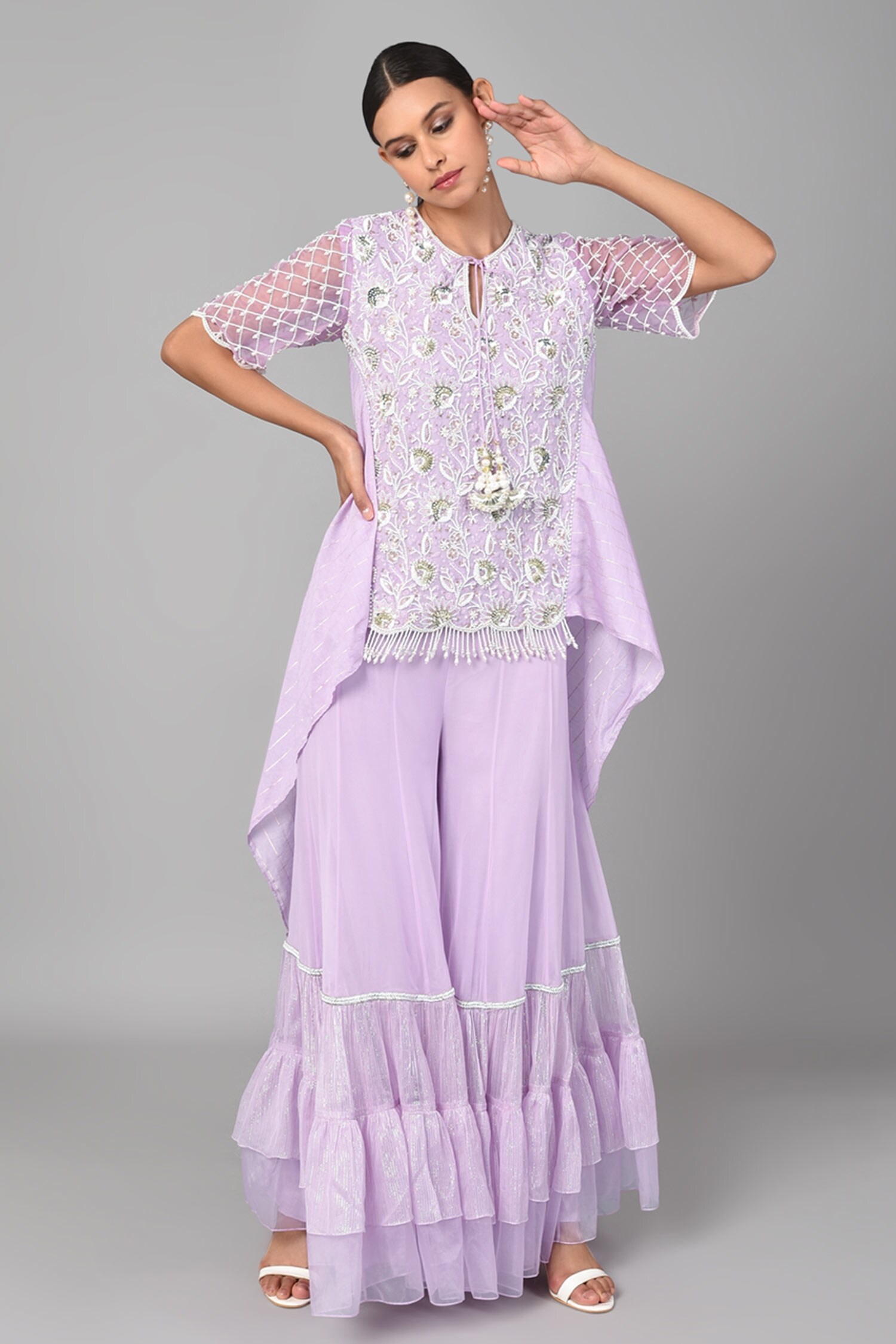 Buy Keith Gomes Purple Georgette Embroidered Tunic And Palazzo Set ...