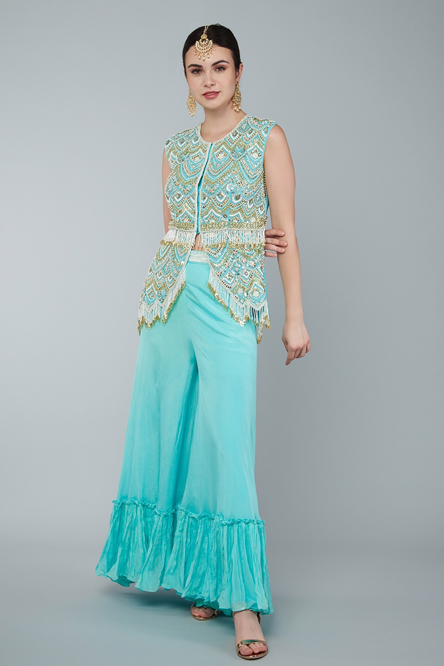 Buy Keith Gomes Blue Chiffon Crepe Embroidered Peplum Top And Sharara ...