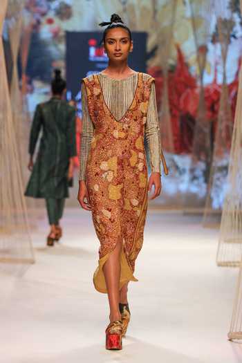Buy TIL Gold Cotton Satin Moorland Floral Embroidered Dress Online ...