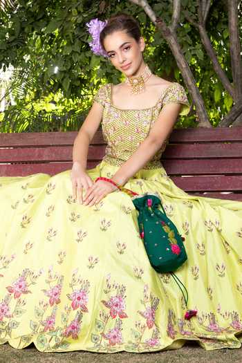Buy Keerthi Kadire Green Dola Silk Embroidered Blouse And Lehenga Set ...