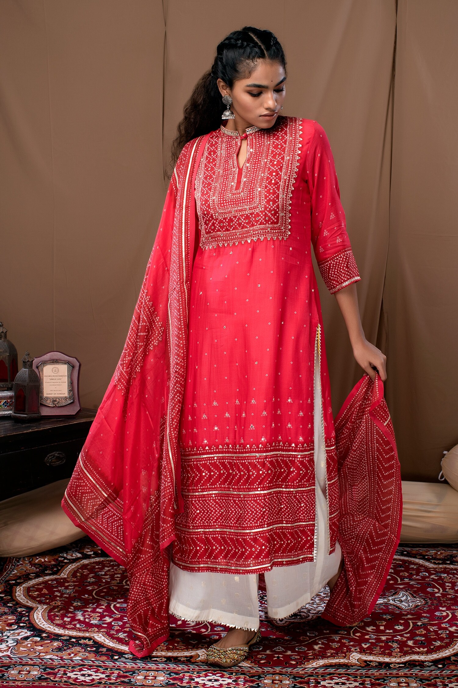 Buy Label Kinjal Modi Peach Cotton Silk Bandhani Kurta Palazzo Set ...