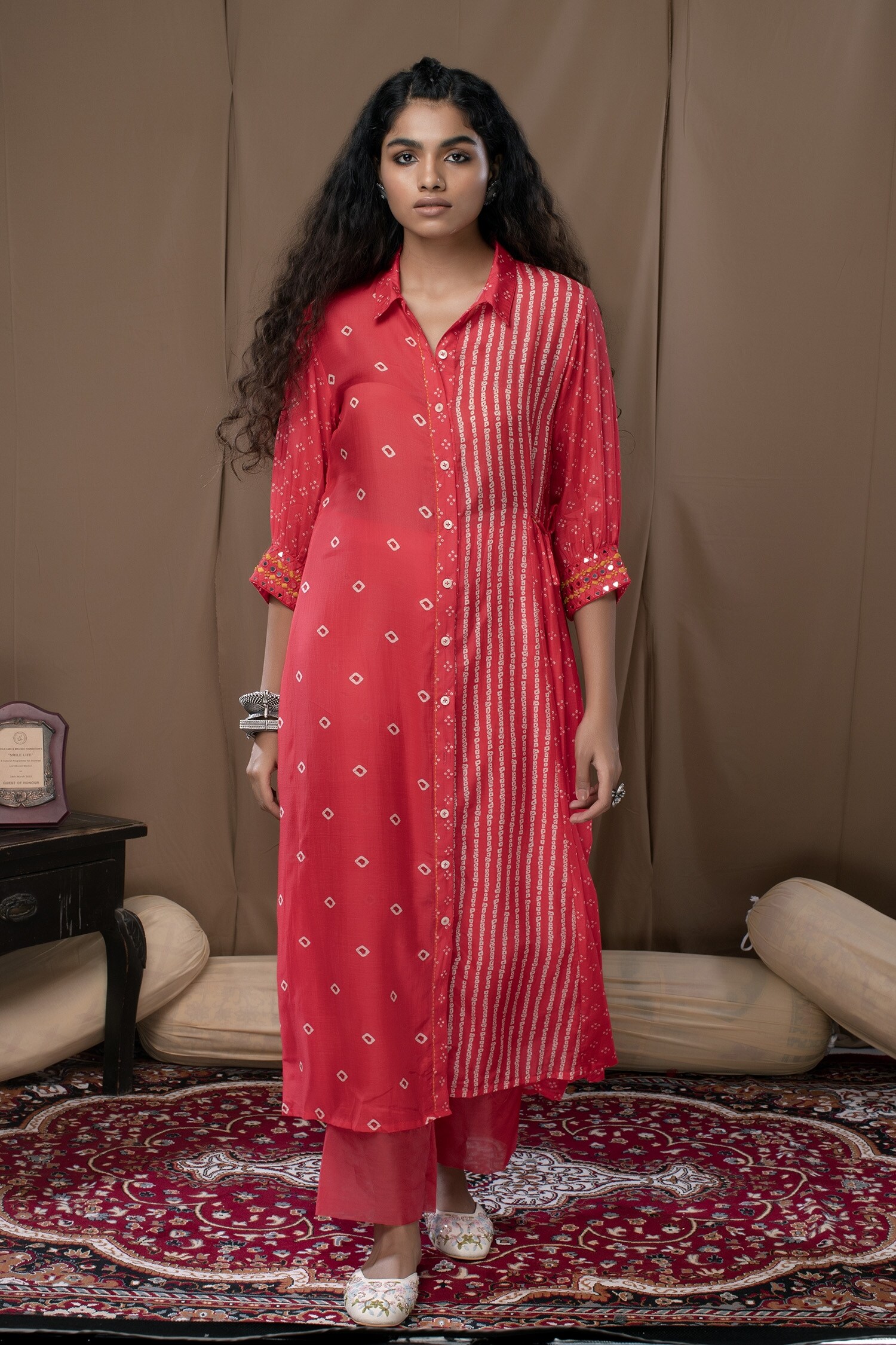 Buy Label Kinjal Modi Peach Cotton Silk Bandhani Print Tunic And Pant ...