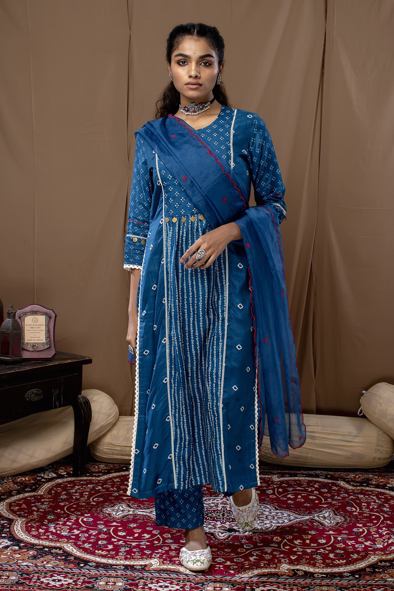 Buy Label Kinjal Modi Blue Cotton Silk Bandhani Print Kurta Set Online ...