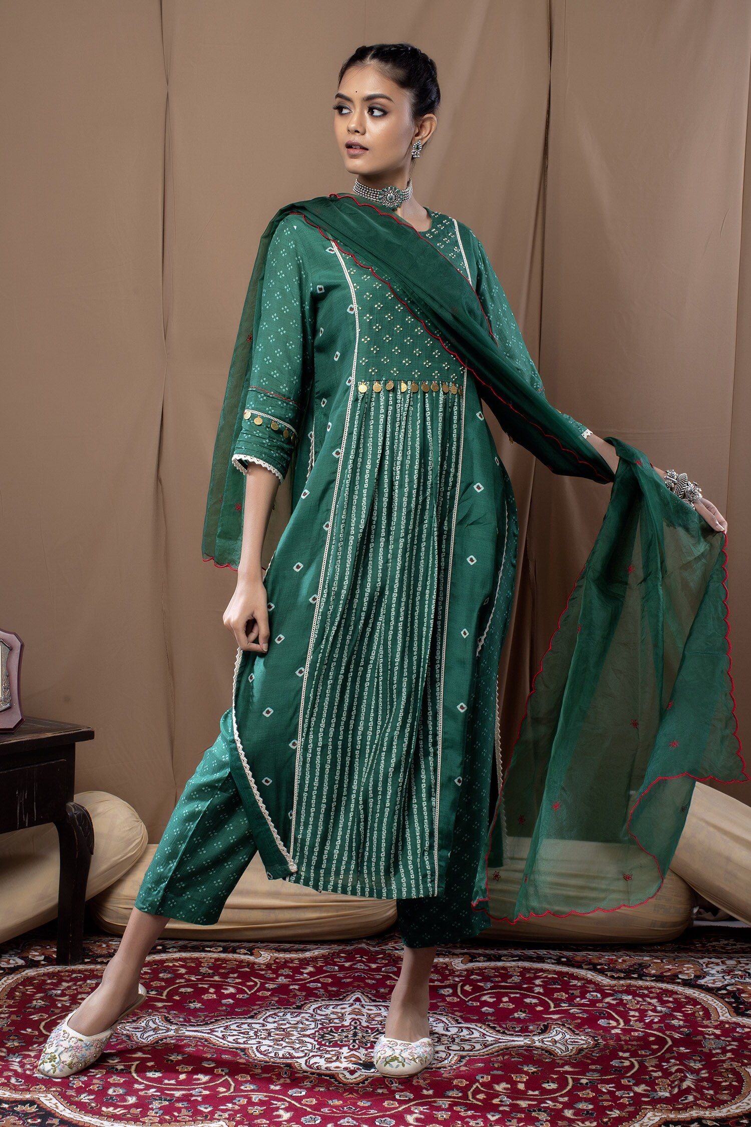 Buy Label Kinjal Modi Green Cotton Silk Printed Kurta Pant Set Online ...