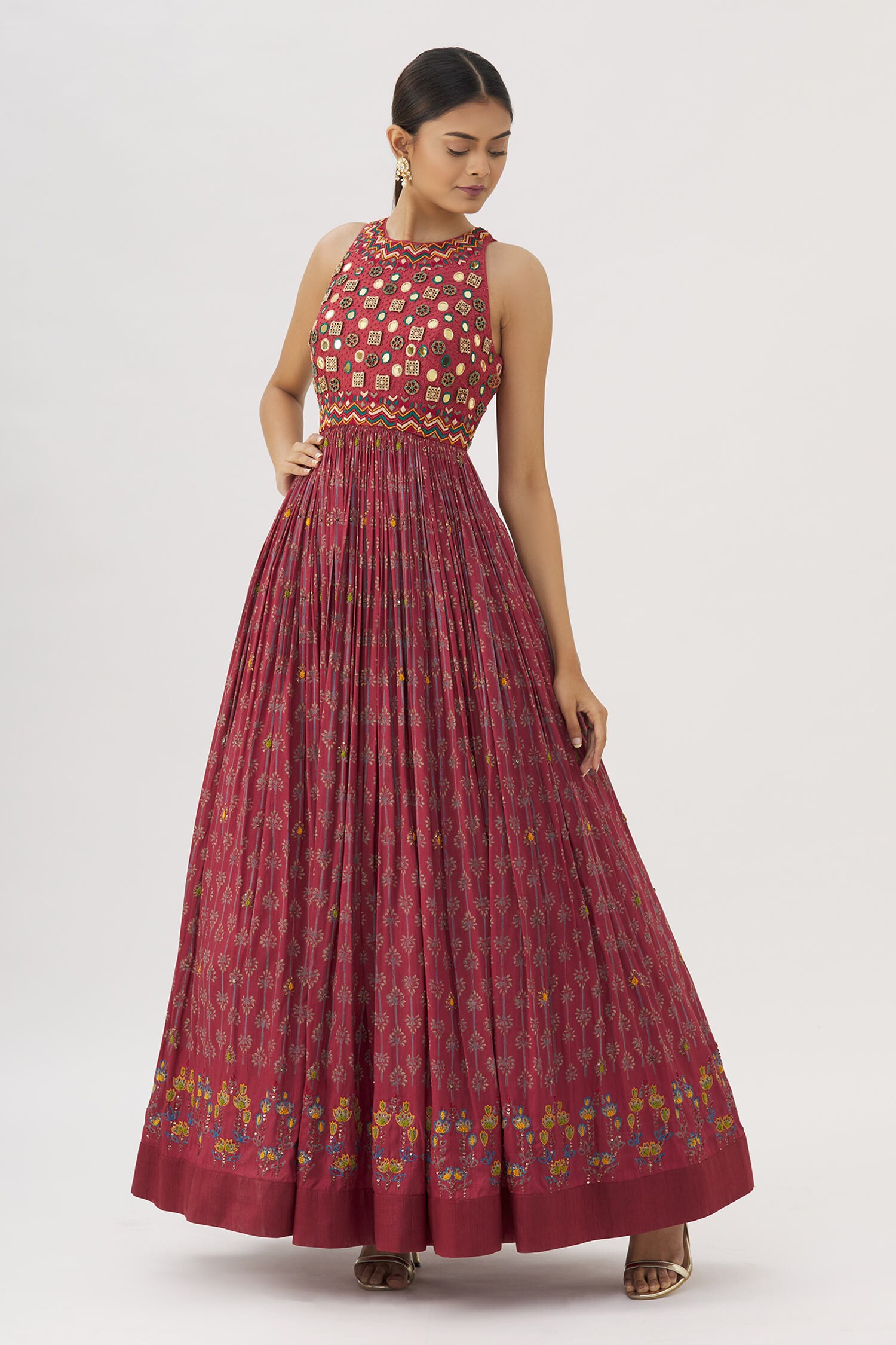 Buy Label : Anushree Maroon Block Print Silk Gown Online | Aza Fashions
