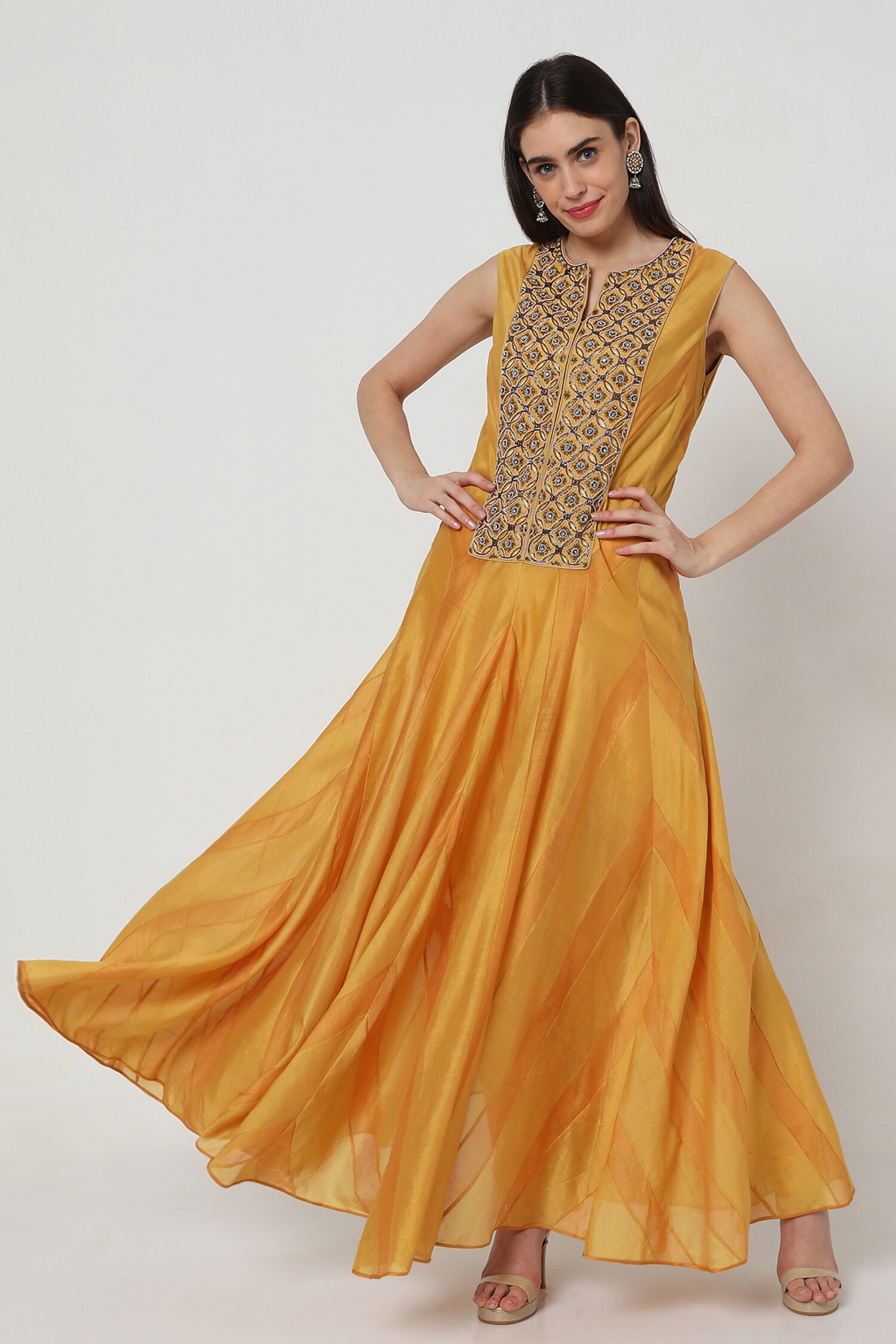 Buy Labbada Yellow Chanderi Silk Anarkali Set Online | Aza Fashions