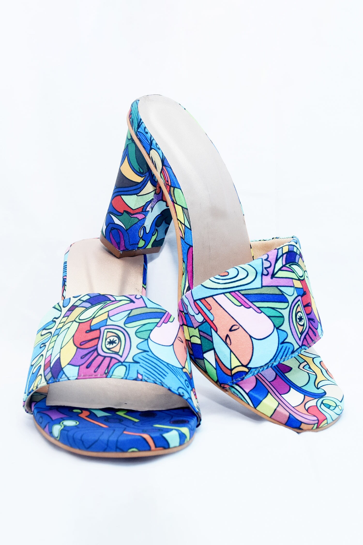 Buy Foot Fuel Blue Rexine Loved Abstract Print Block Heels Online | Aza ...