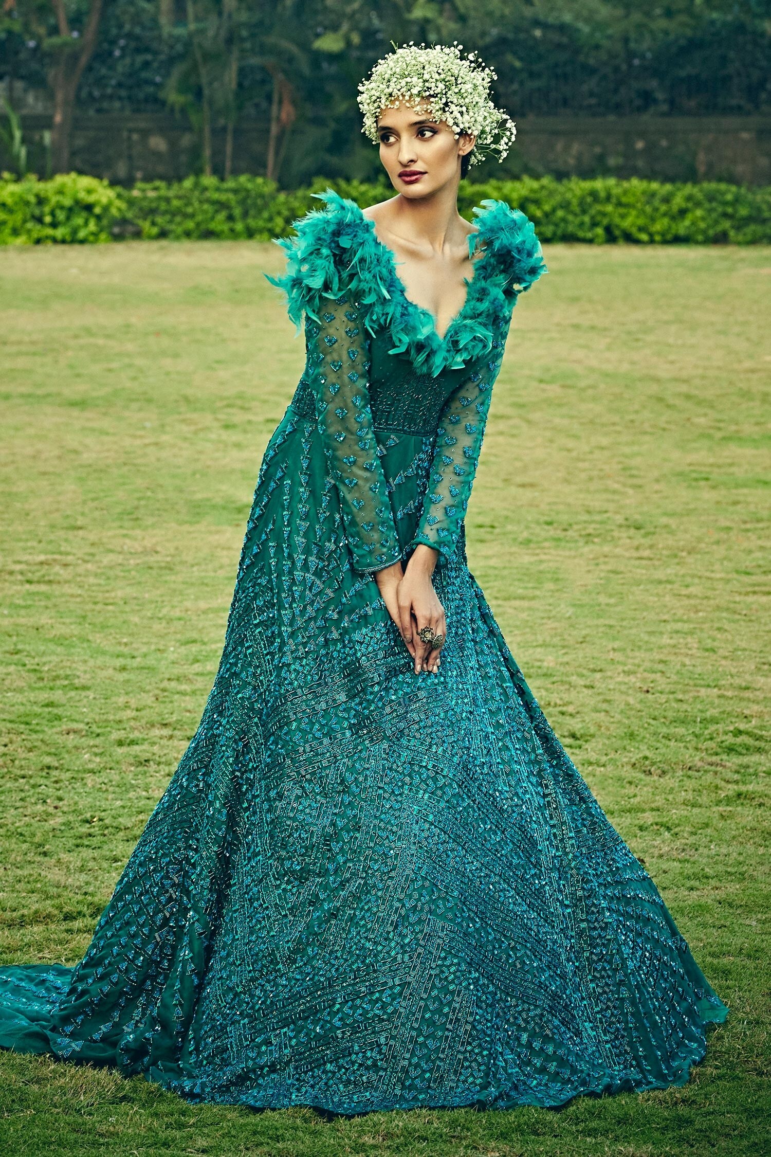 Buy Bindani by Jigar & Nikita Blue Organza Feather Embellished Trail ...