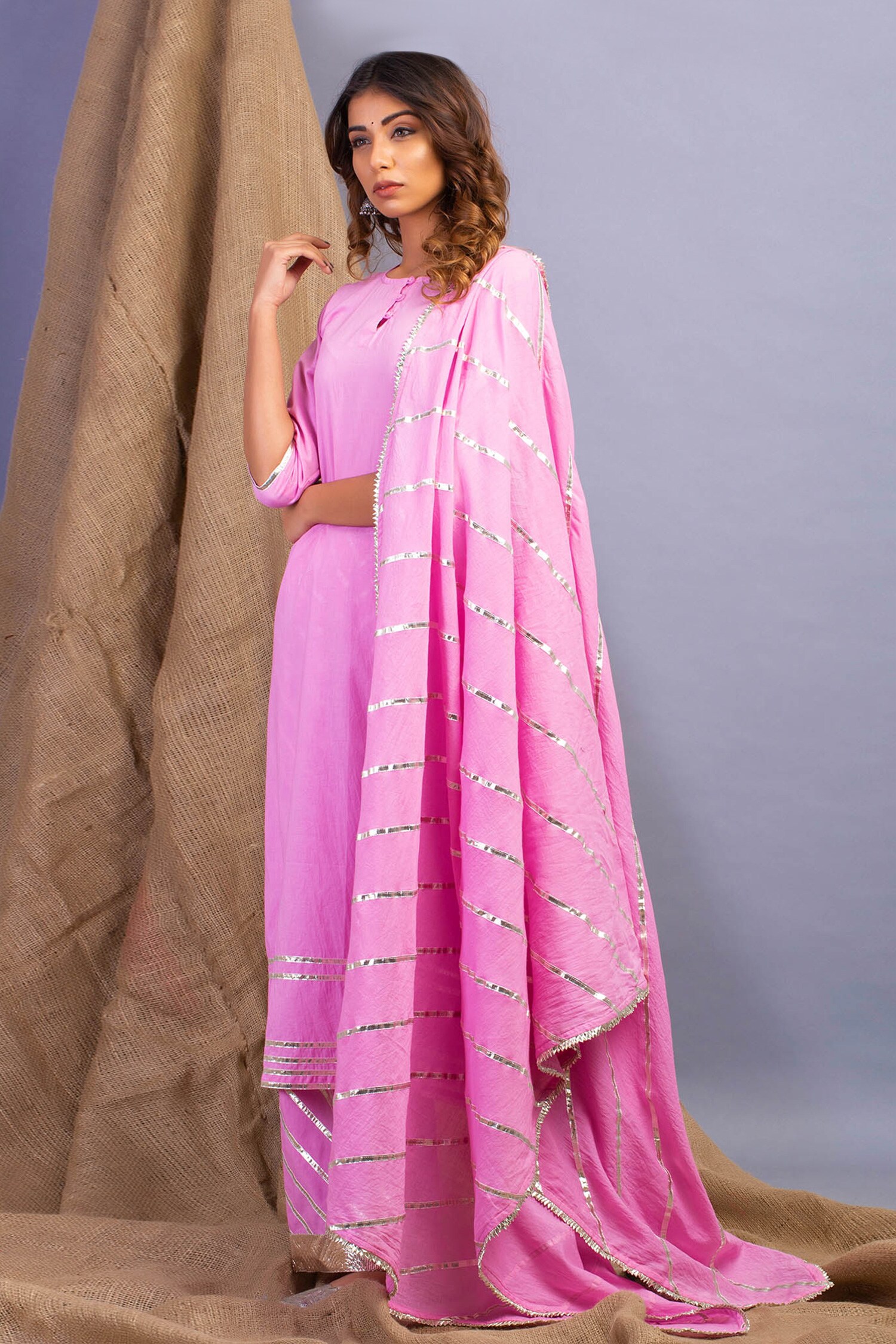 Buy Maison Shefali Pink Cotton Embroidered Kurta Set Online | Aza Fashions