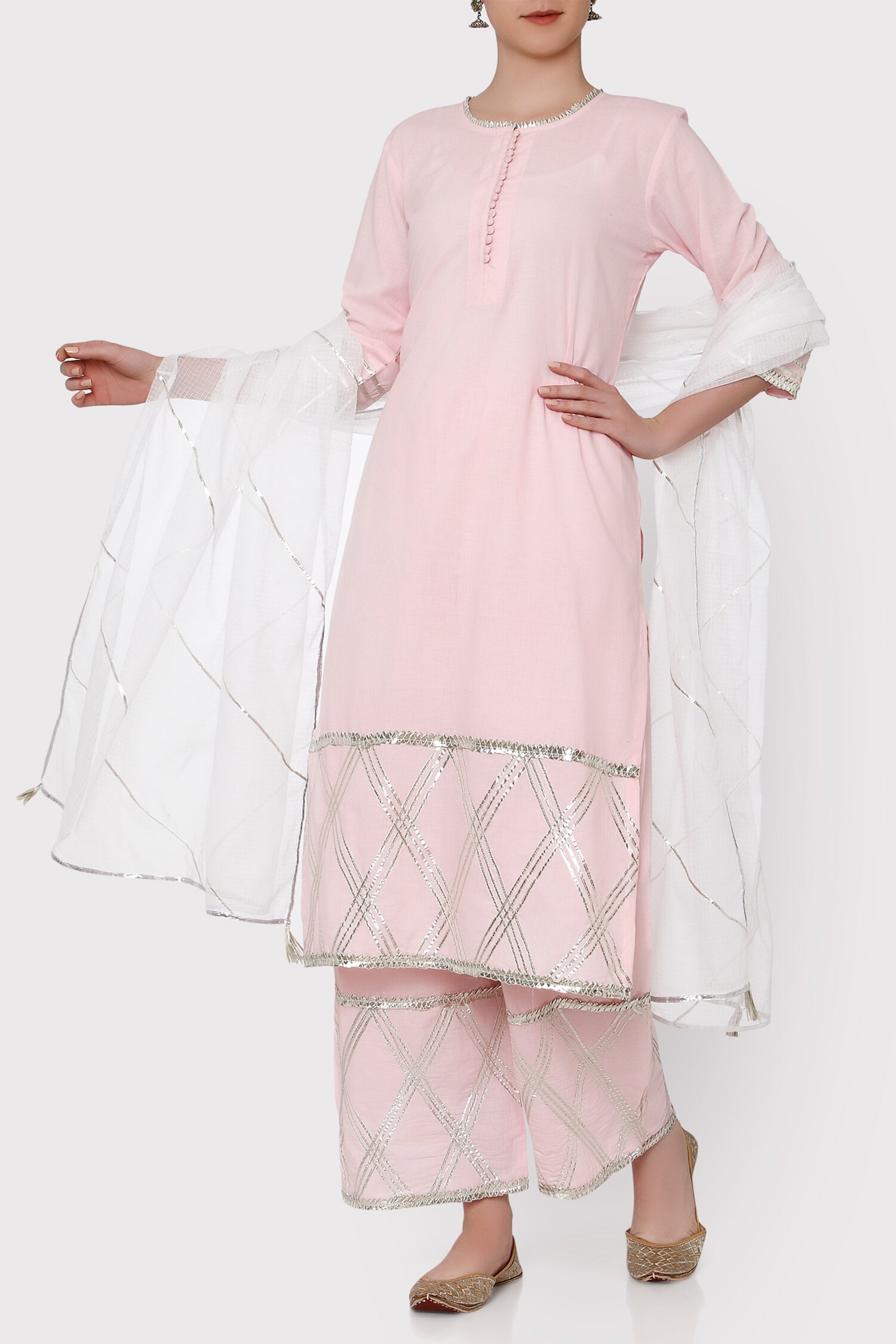 Buy Maison Shefali Pink Kota Silk Padamja Embroidered Kurta Set Online | Aza Fashions