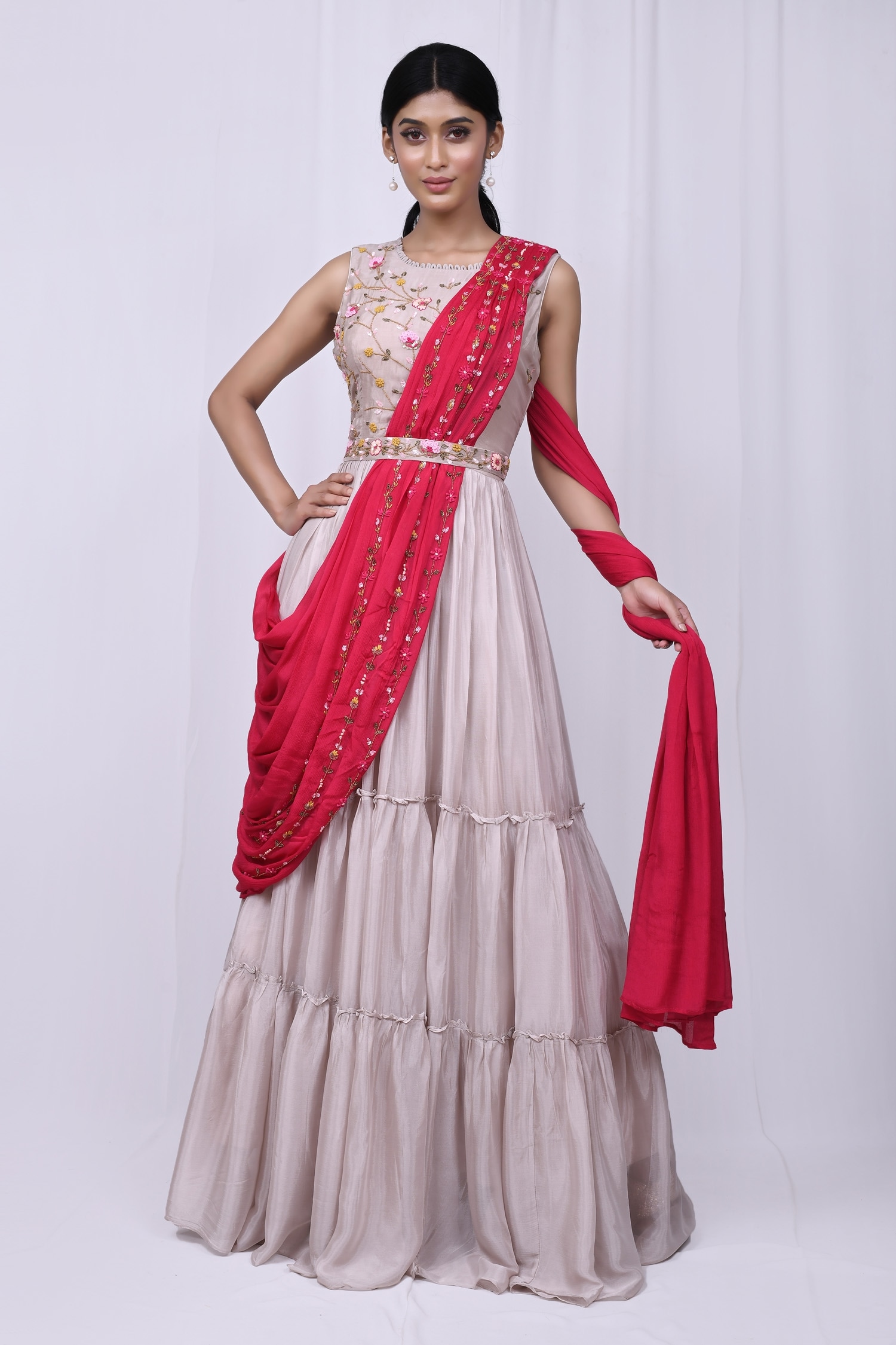 Buy Arihant Rai Sinha Grey Chiffon Silk Embroidered Pre-draped Tunic ...