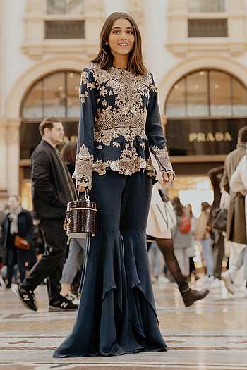 Buy Sanya Gulati Blue Crepe Embroidered Top And Sharara Set Online Aza Fashions
