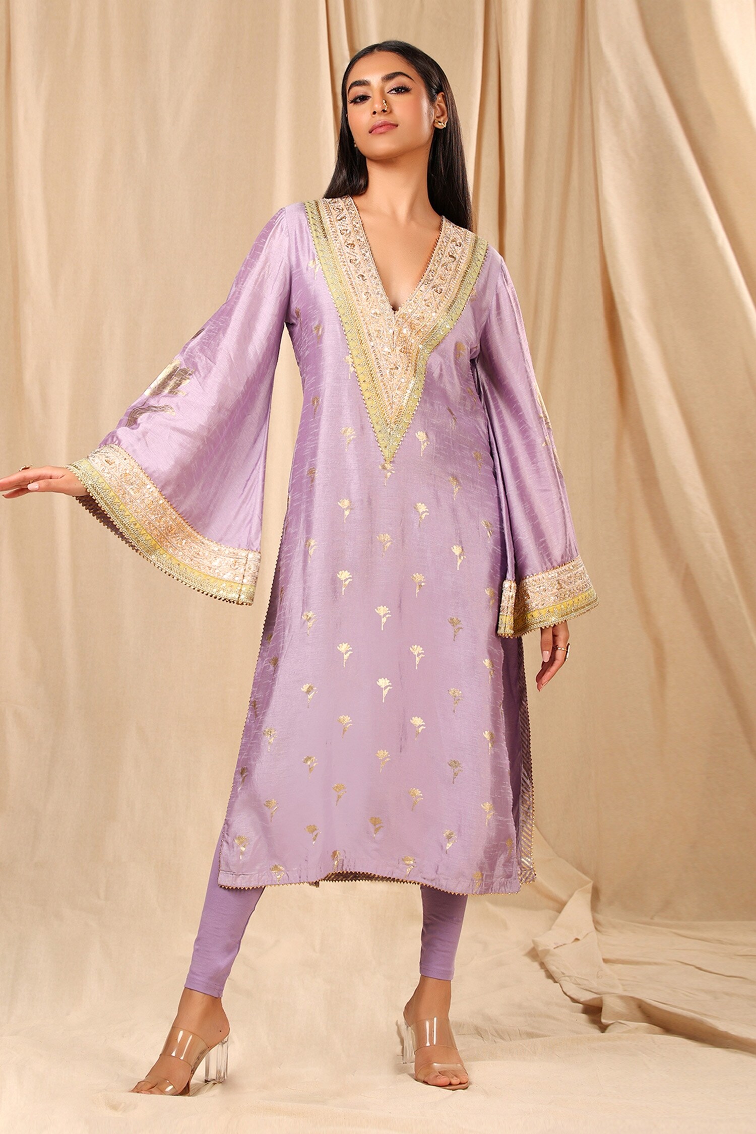 Buy Masaba Purple Raw Silk Wine Garden Print Kurta Online | Aza Fashions