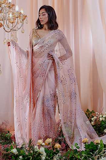 Buy Mahima Mahajan Pink Organza Elle Hand Embroidered Saree With Blouse ...