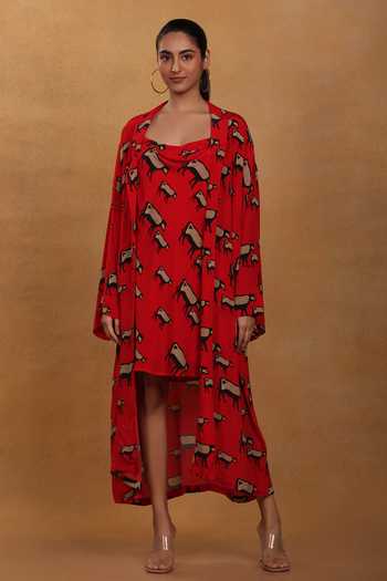 Buy Masaba Red Crepe Cow Print Jacket Online | Aza Fashions