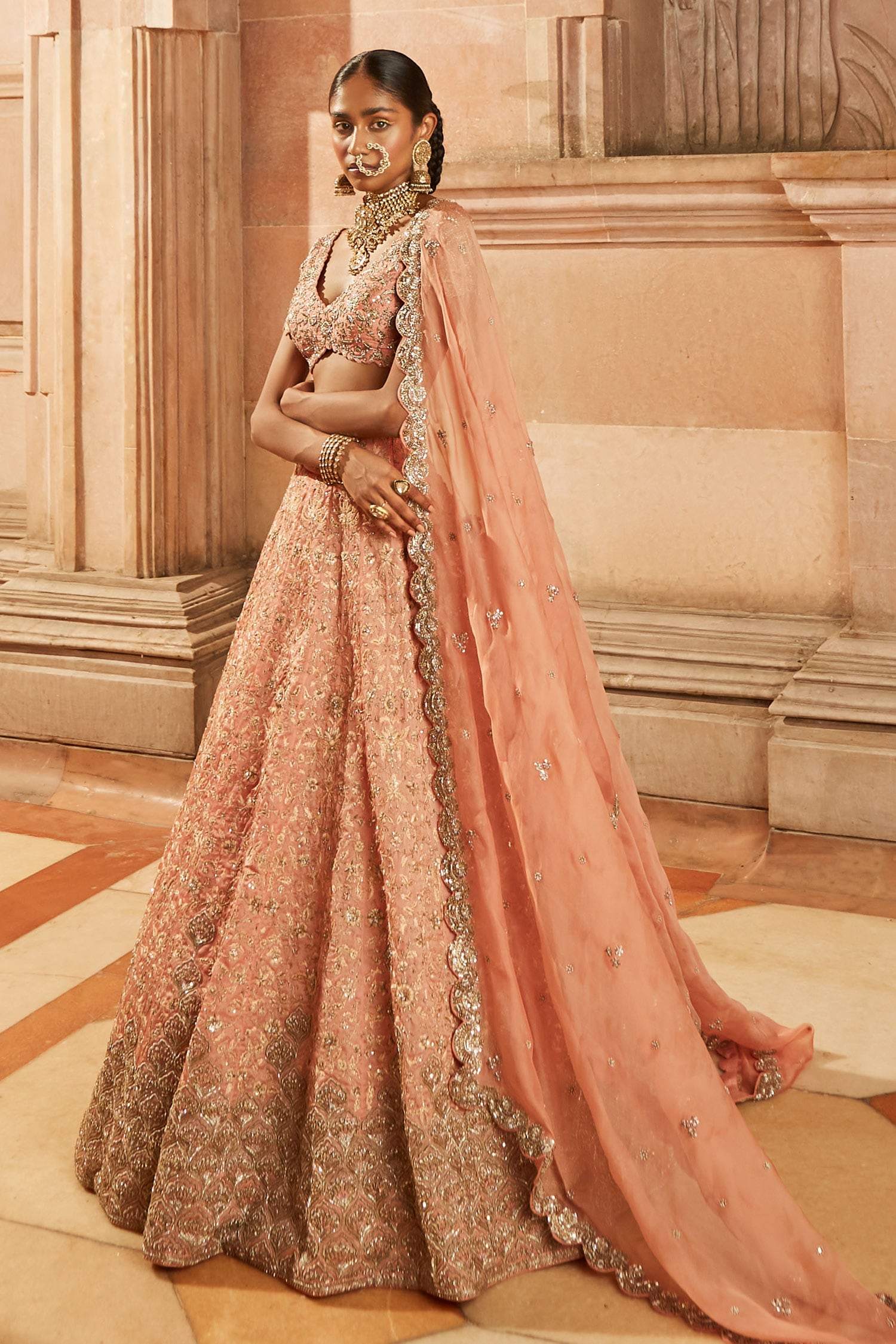 Buy Mrunalini Rao Peach Satin Organza Floral Embroidered Lehenga Set ...