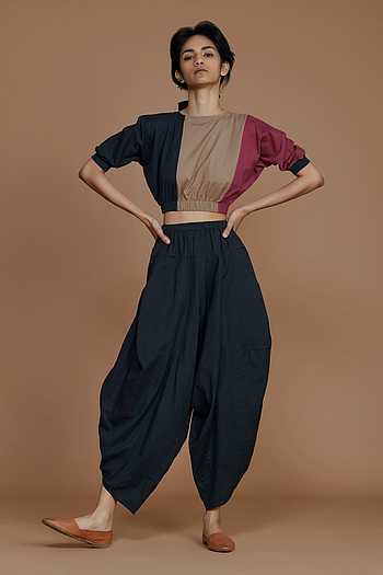 Buy Mati Grey Cotton Colour Block Crop Top Online | Aza Fashions