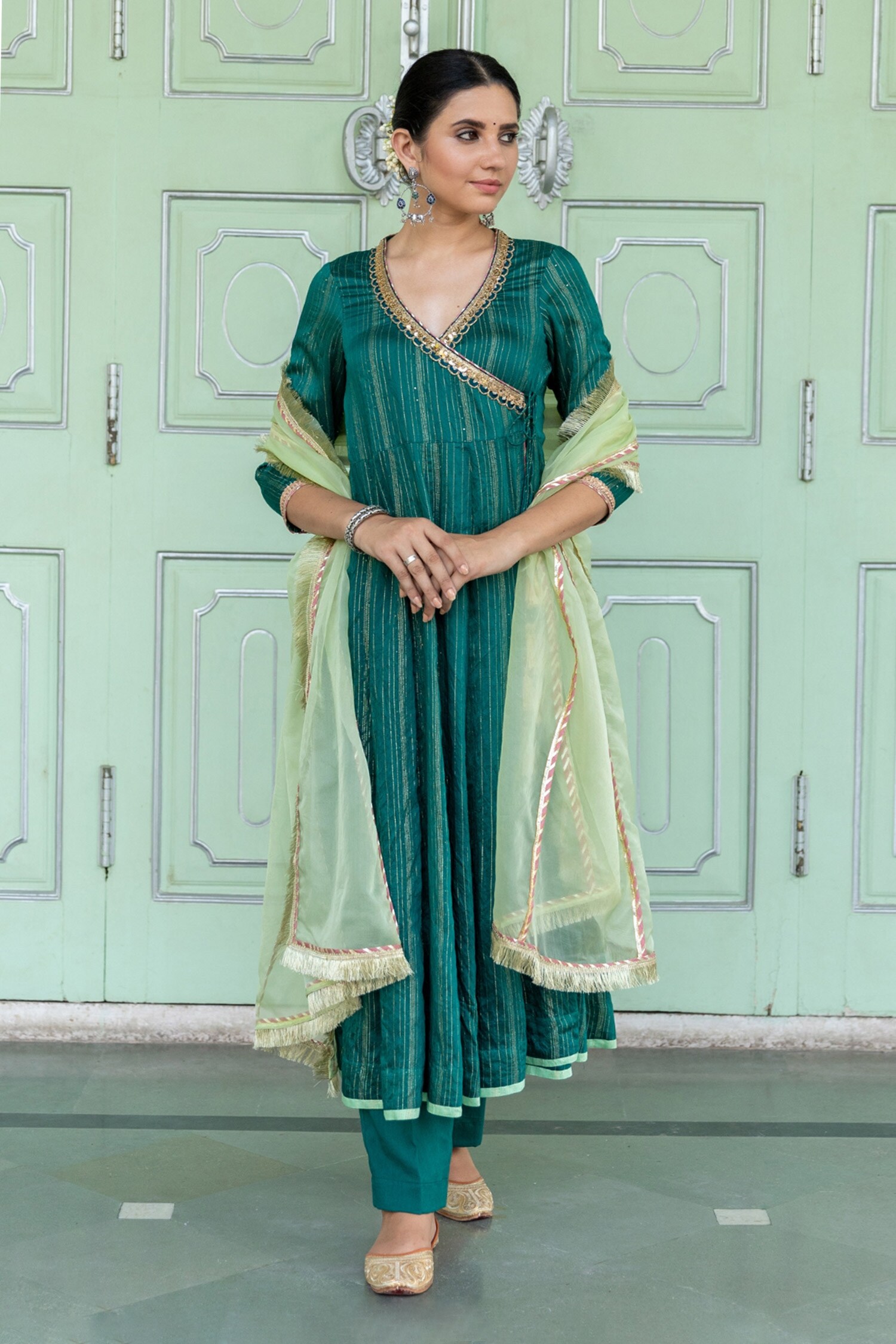 Buy Myaara Green Gota Work Angarkha Set Online | Aza Fashions