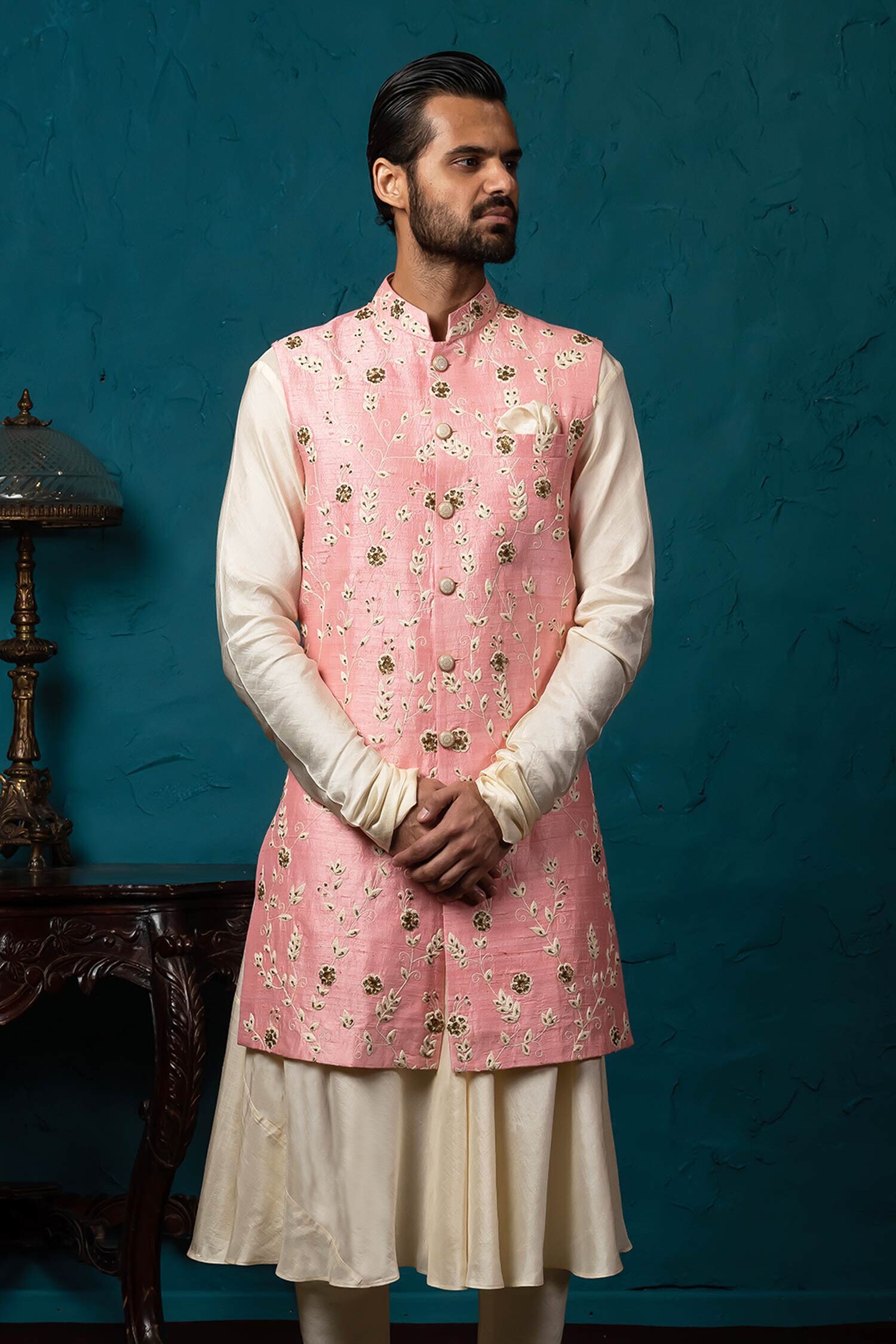 Buy Nautanky Beige Silk Embroidered Bundi And Flared Kurta Set Online ...