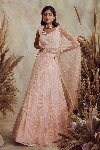 Buy Niamh By Kriti Peach Organza Embroidered Lehenga Set Online | Aza ...