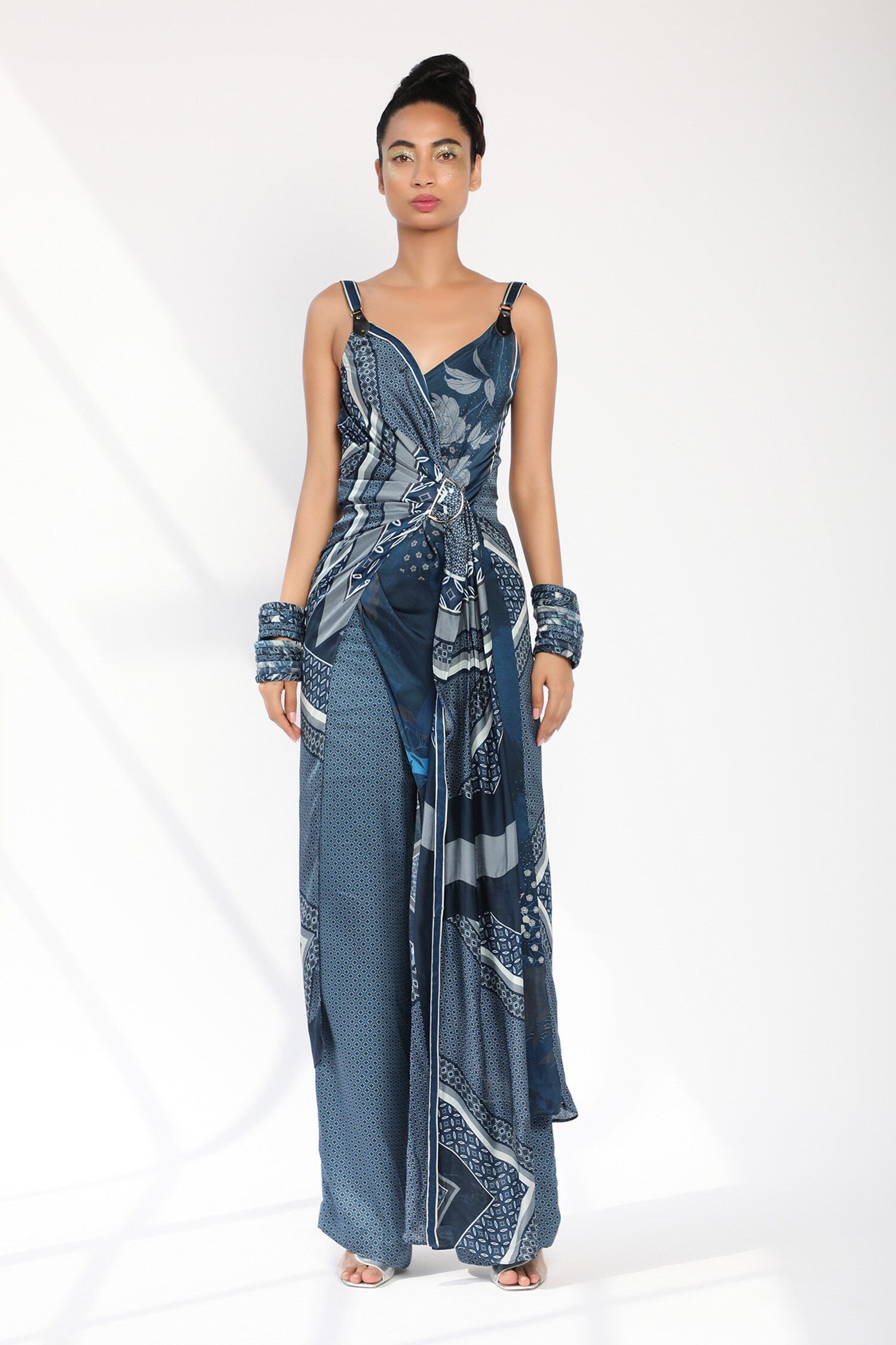 Buy Nikita Mhaisalkar Blue Organic Cotton Satin Mix Print Buckle Tunic ...