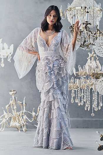 Buy Not So Serious By Pallavi Mohan White Tulle Applique Embroidered ...