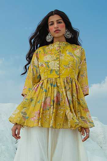 Buy Paulmi and Harsh Yellow Cotton Silk Printed Top With Flared Pant ...