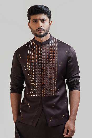 Buy Paarsh Brown Linen Satin Embellished Nehru Jacket Online | Aza Fashions