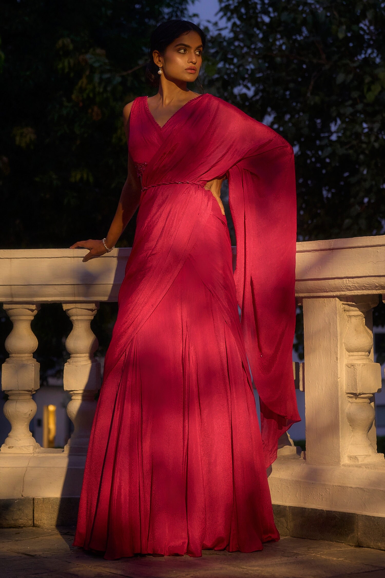 Buy Parshya Fuchsia Viscose Crepe Georgette Pre-draped Lehenga Saree ...