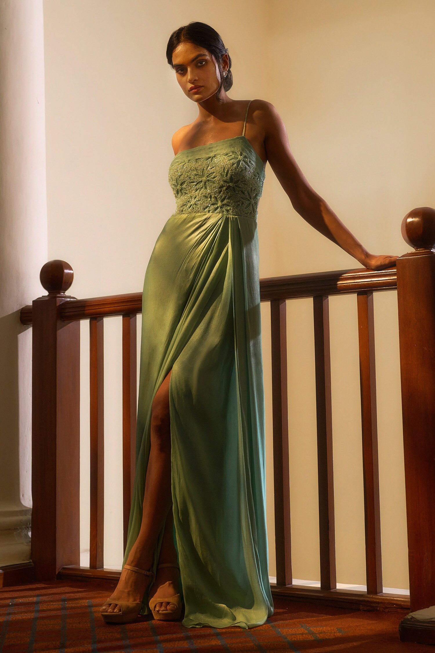 Buy Parshya Green Viscose Georgette Satin One Shoulder Embroidered Gown ...