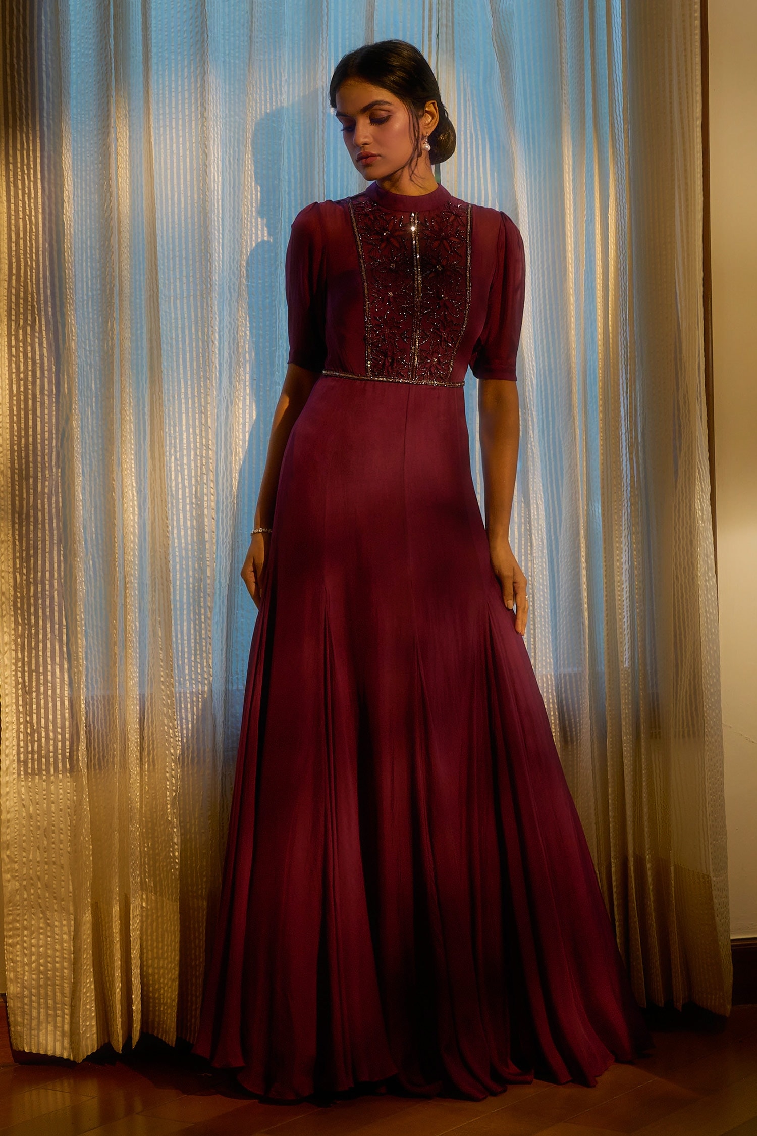 Buy Parshya Wine Viscose Flat Chiffon Floral Embroidered Fish Cut Gown ...