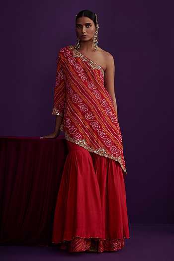 Buy Pink City Red Silk Printed Kurta And Sharara Set Online | Aza Fashions