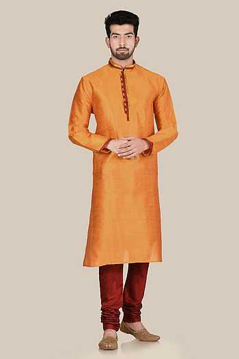 Buy Aryavir Malhotra Orange Silk Kurta Set Online | Aza Fashions
