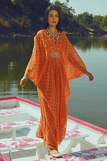 Buy Paulmi and Harsh Orange Georgette Printed Kaftan Online | Aza Fashions
