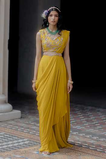 Buy Paulmi and Harsh Yellow Pre-stitched Saree With Blouse Online | Aza ...